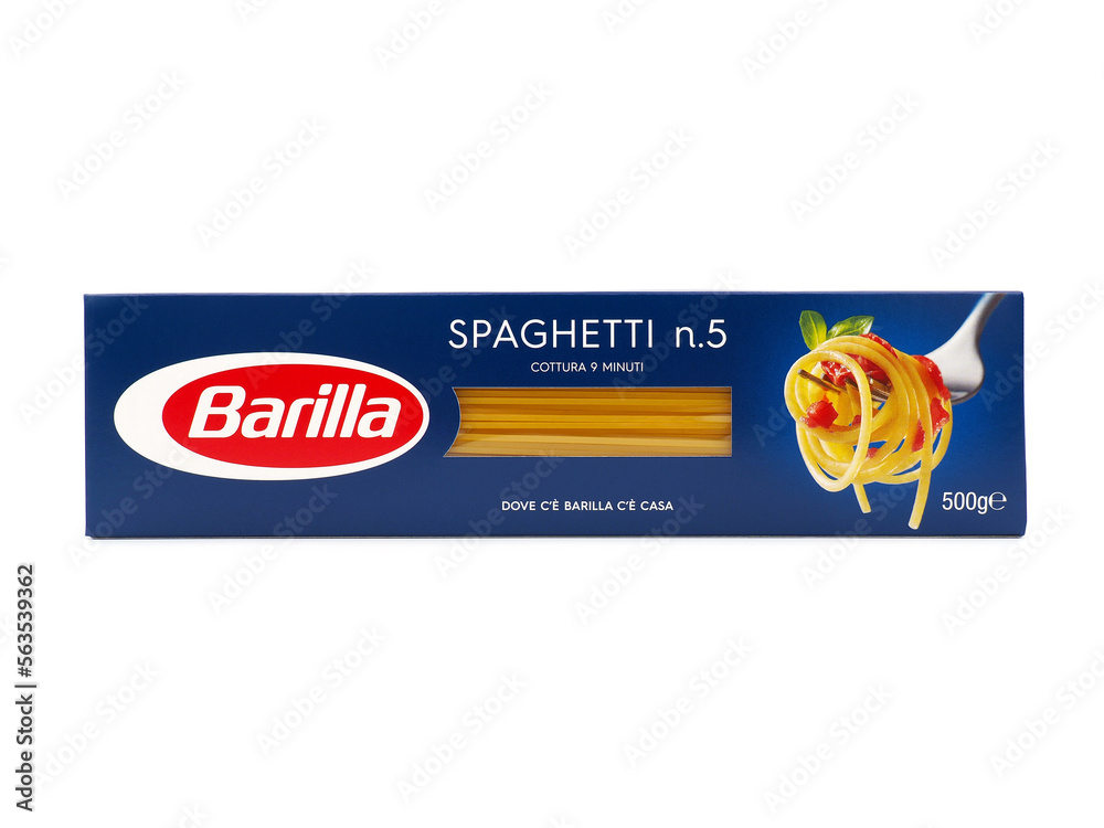 ROME, ITALY - JANUARY 22, 2023. Barilla spaghetti packet isolated on ...