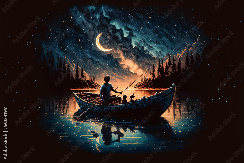 Boy rowing a boat with his wolf among the stars in the night sky ...