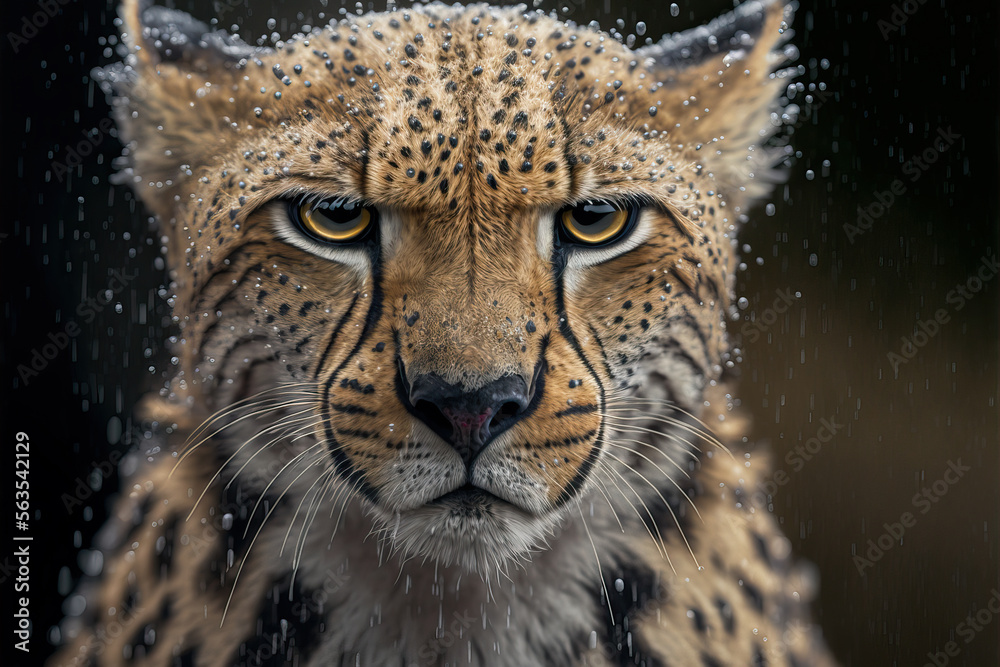 Cheetah expresses emotions. Angry wet cheetah. Сlose up portrait of a ...