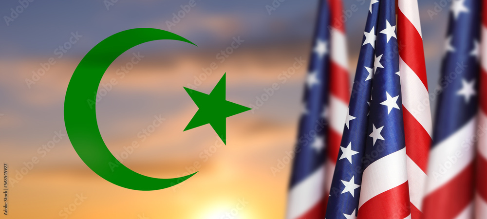 USA flag and symbol of Islam on sky background. National Religious ...