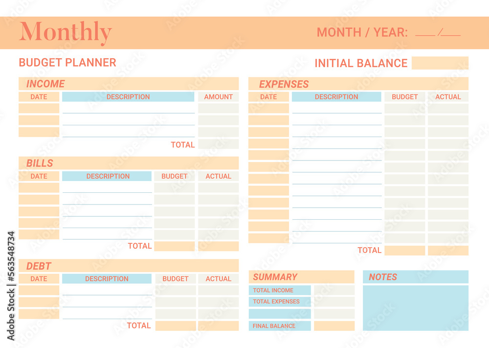 Monthly, weekly budget planner. Bills, Debts, Expenses, Income on on ...
