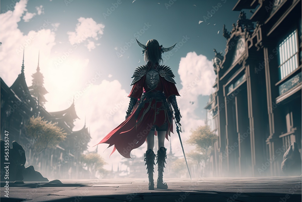 Women samurai with swords walk in the fantasy town and magical sky with ...