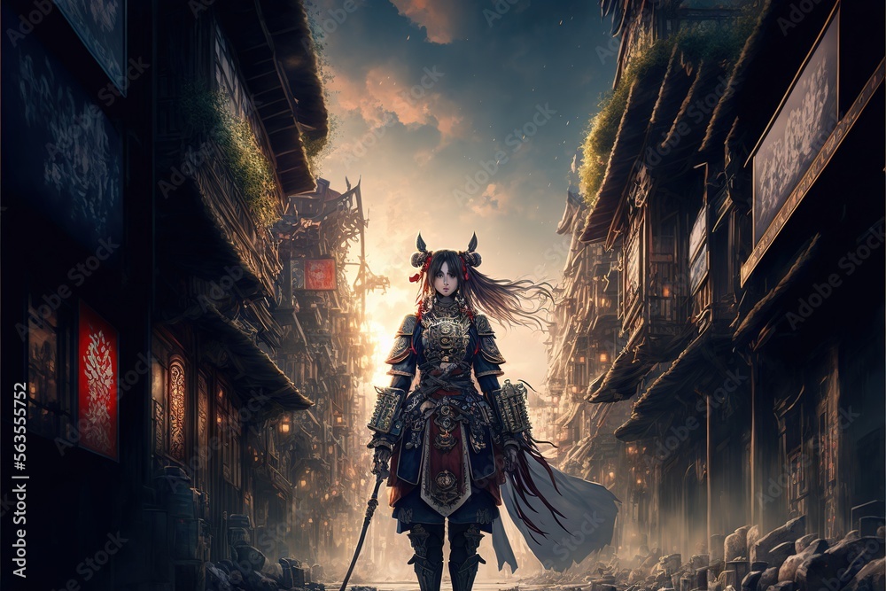 Women samurai with swords walk in the fantasy town and magical sky with ...