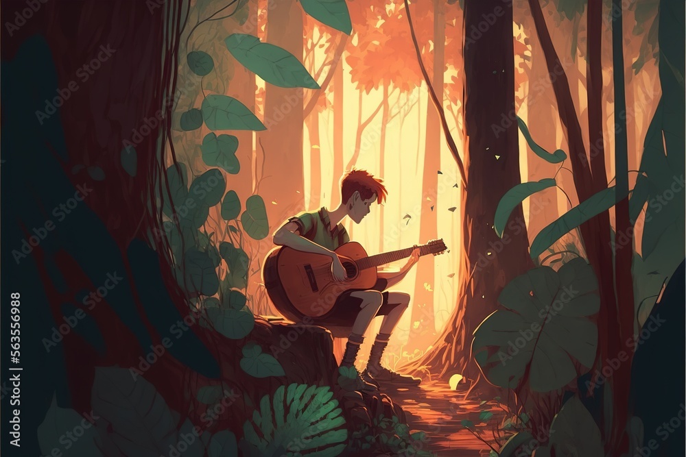 Sad man playing guitar alone un a forest under tree. illustration ...