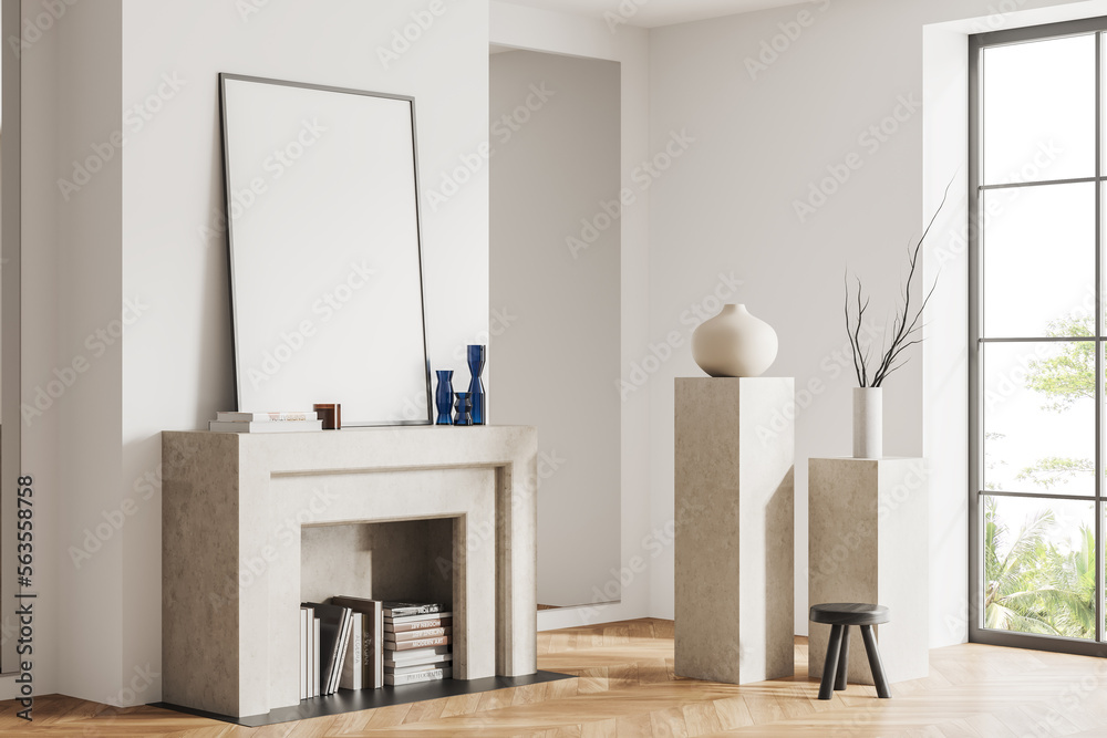 Bright living room interior with empty white poster Stock Illustration ...