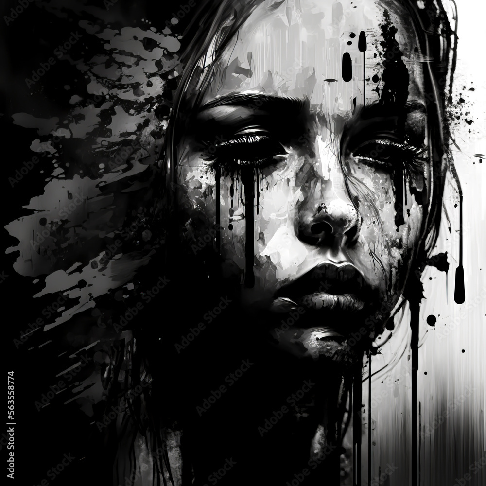Sad young female black and white portrait with ink leaks and tears on ...