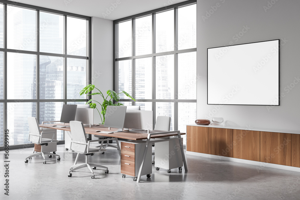 Light office interior with pc computer near panoramic window. Mockup ...