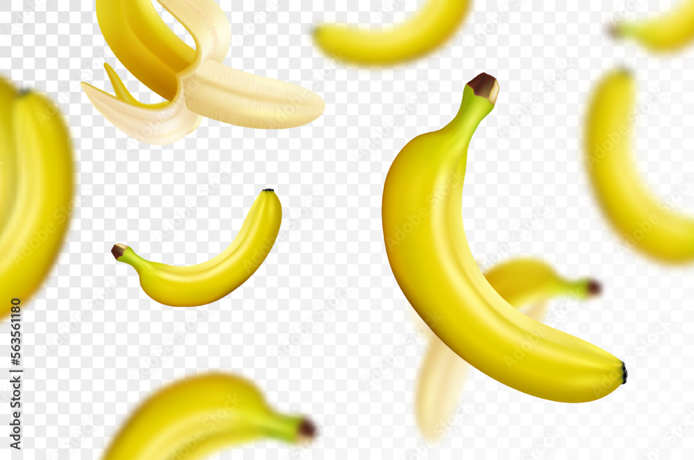 Banana background. Flying bananas are peeled and banana bunches ...