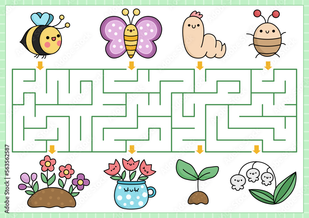 Spring maze for kids. Garden geometrical preschool printable activity ...