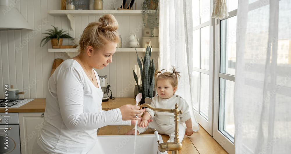 Mother Routine At Home During Maternity Leave. Mom Wash Dishes After ...