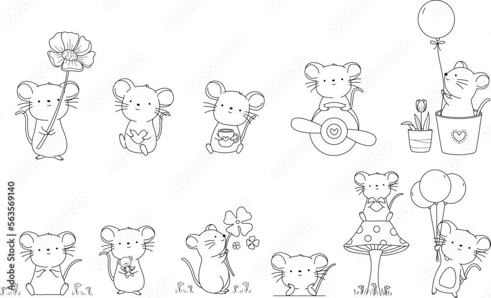 Cute mouse cartoon character outline hand drawn doodle style, for ...