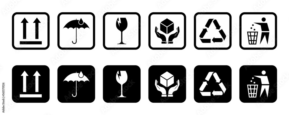 Set of fragile cargo symbols on white background. Icons for package box ...