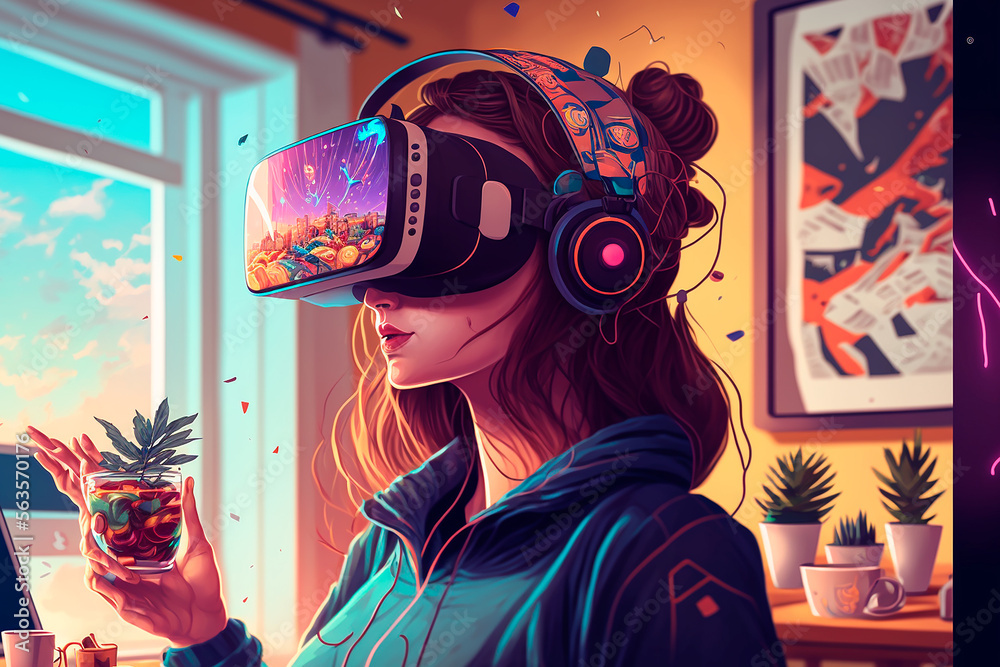 Stock-illustrationen Mujer joven que usa auriculares de realidad ...