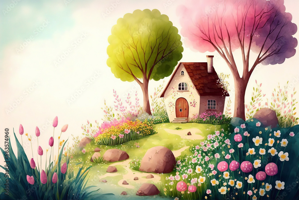 Nature. Cute watercolor illustration of landscape natural background ...