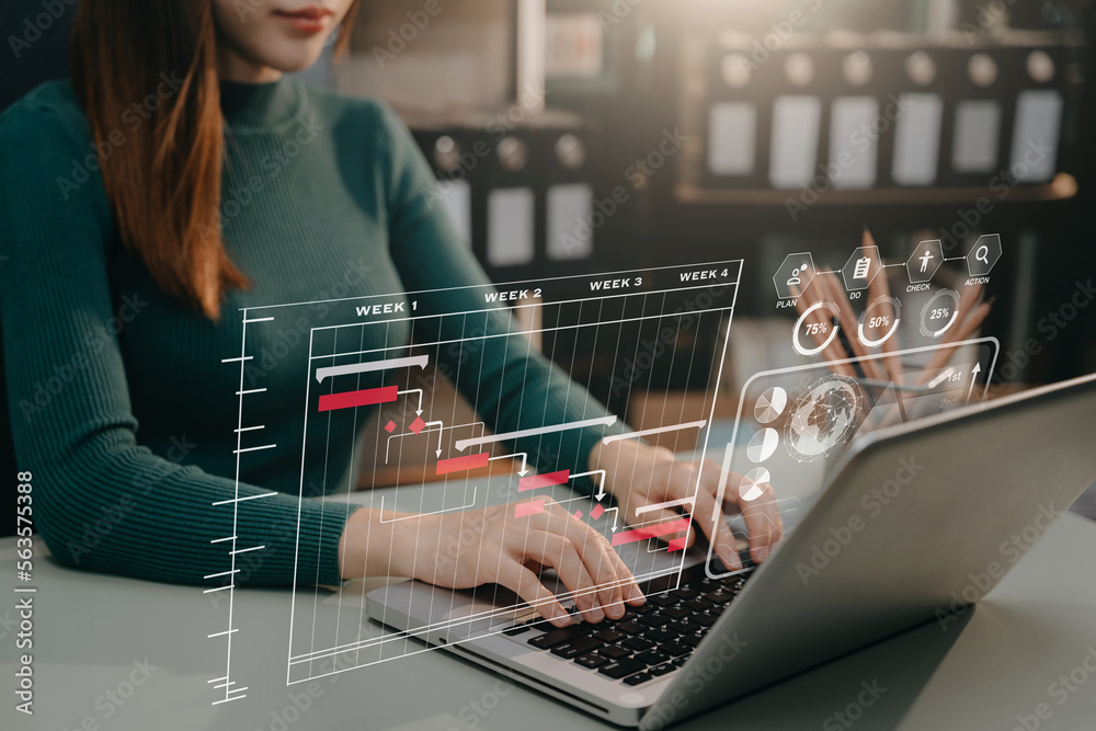 woman hand Project manager working and update tasks and Gantt chart ...