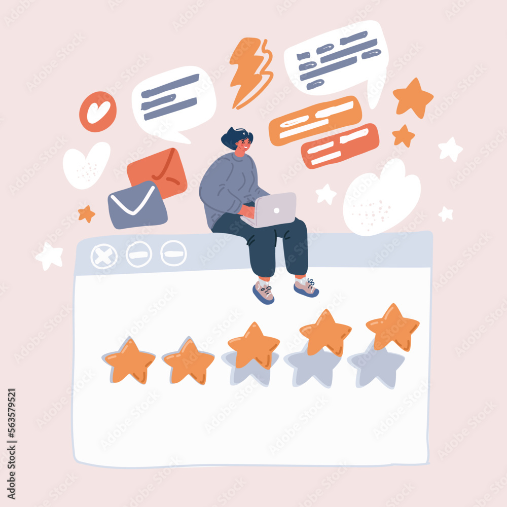 Vector illustration of Customer review rating. Woman give review rating and feedback. Customer ...