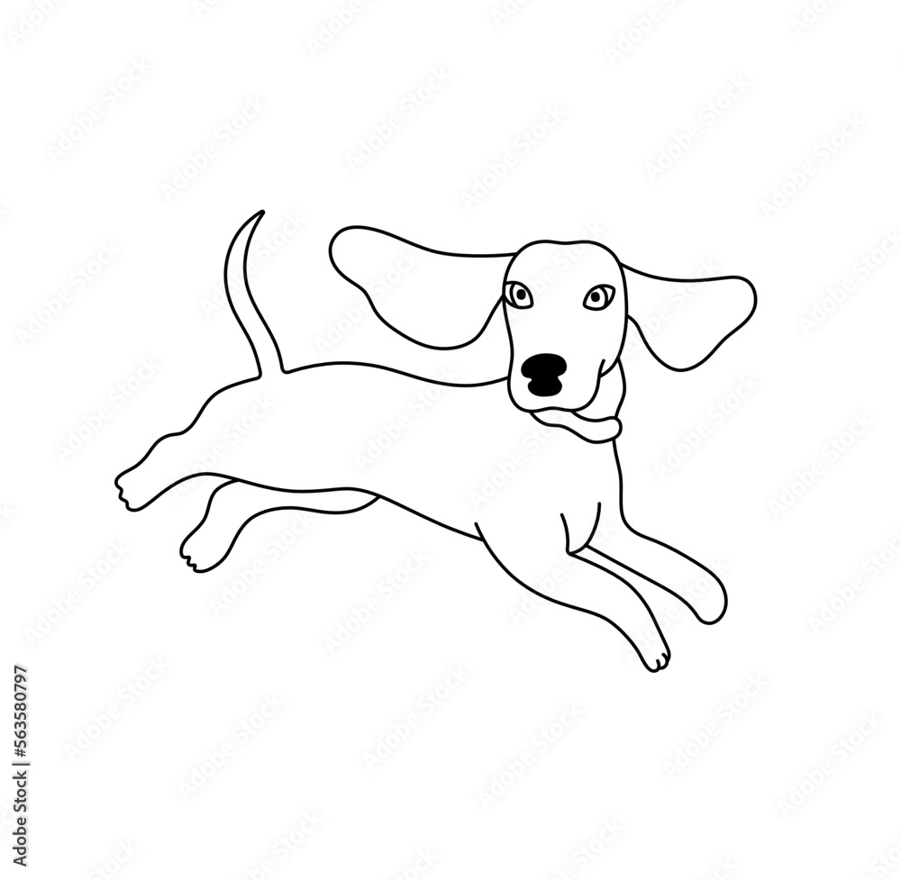 Vector isolated cute cartoon funny jumping to the right flying basset ...