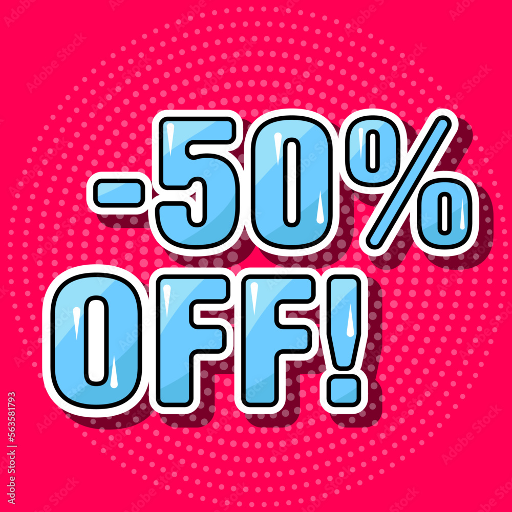 50% OFF. Comic speech bubble with expression text Crazy Sale!, stars ...