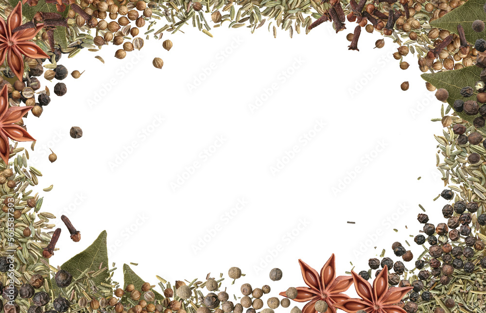 Realistic spices border frame on transparent background. The view from ...