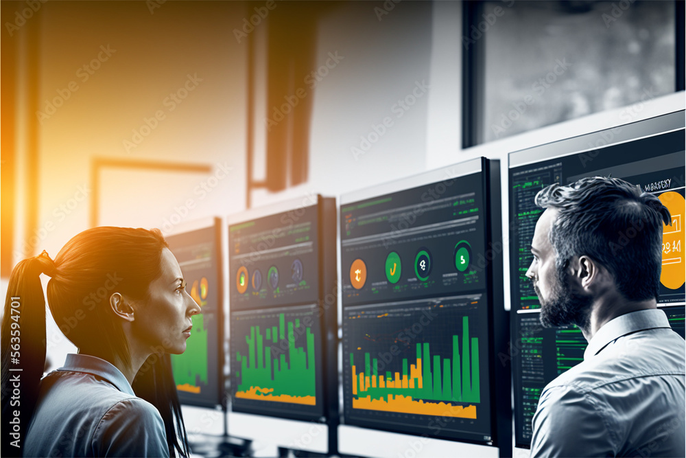 A group of employees monitoring energy consumption on computer screens ...