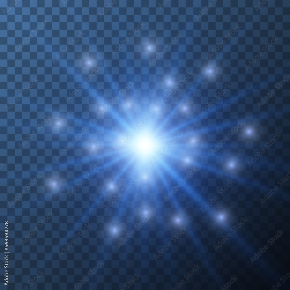 Realistic blue starburst lighting with sparkling particles isolated on transparent background ...