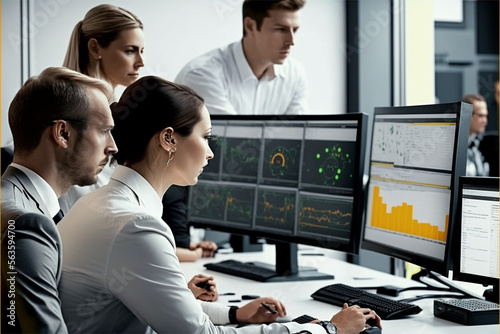 A group of employees monitoring energy consumption on computer screens ...