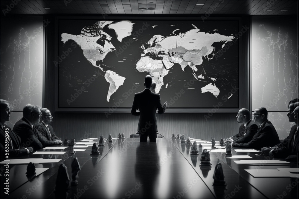An executive standing in front of a world map with various pins ...