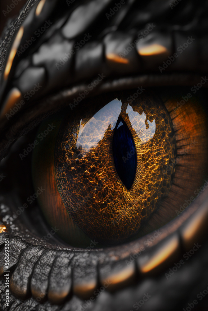 Generative AI illustration of black dragon or t-rex eye close up Stock ...