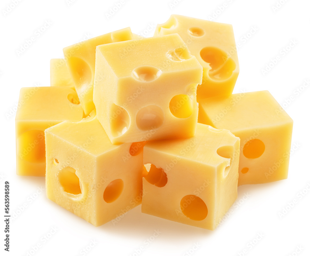 Pyramid of Emmental cheese cubes isolated on white background. File ...