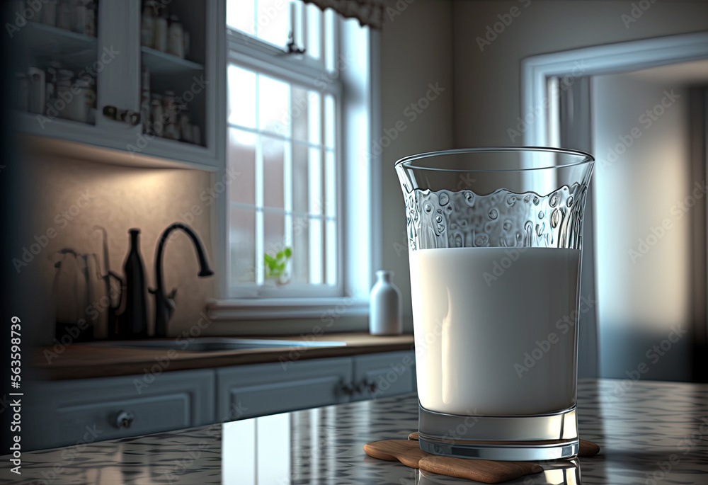 glass of milk in the kitchen created with Generative AI technology ...
