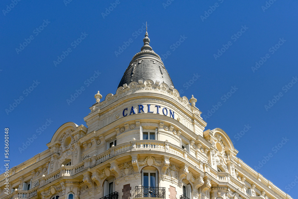 Cannes, France - April 2019: Corner of the ornate Carlton Hotel, which ...