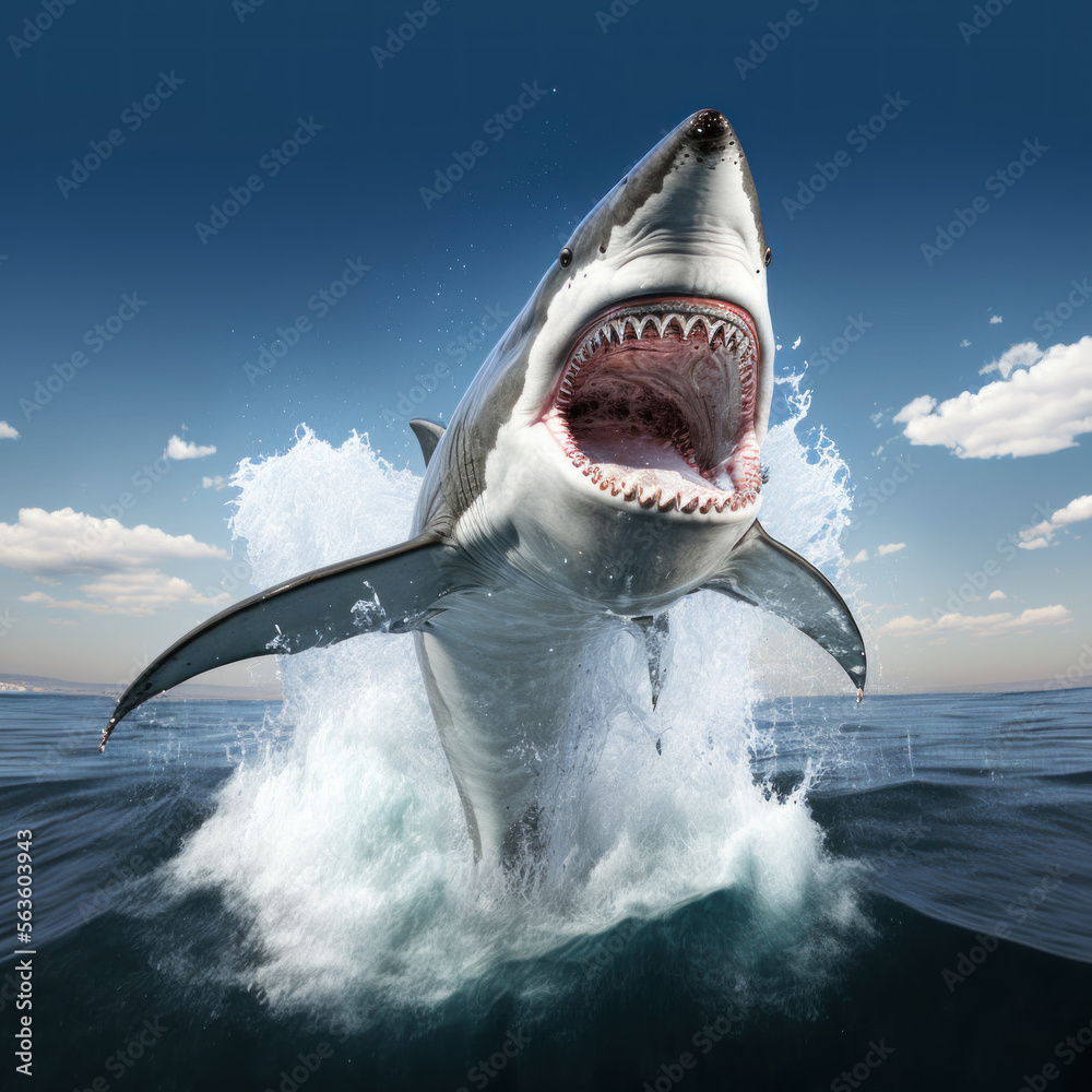 Great White Shark jumping out of water with huge open mouth and tooth ...