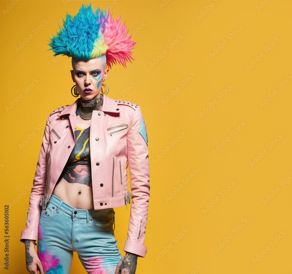 Colorful portrait of a modern hipster, punk girl with a vivid color ...