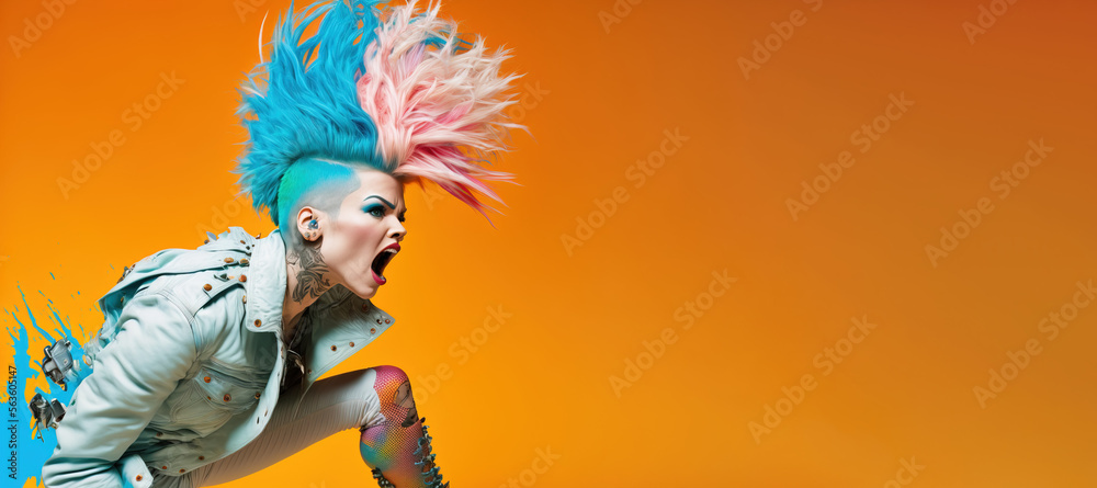Colorful portrait of a modern hipster, punk girl with a vivid color ...