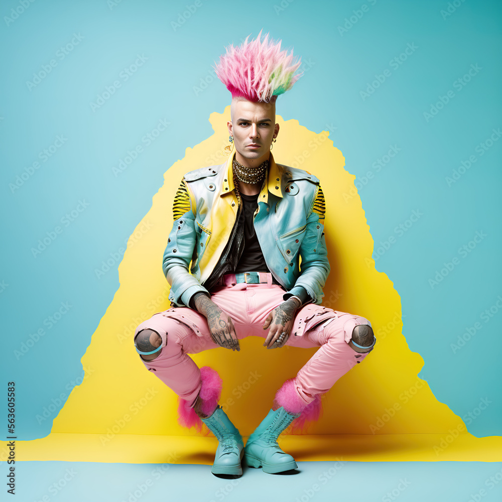 Colorful portrait of a modern hipster, punk boy with a vivid color ...