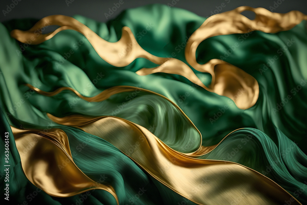 Crumpled fabric in green and gold. Watercolor waves with gold streaks ...