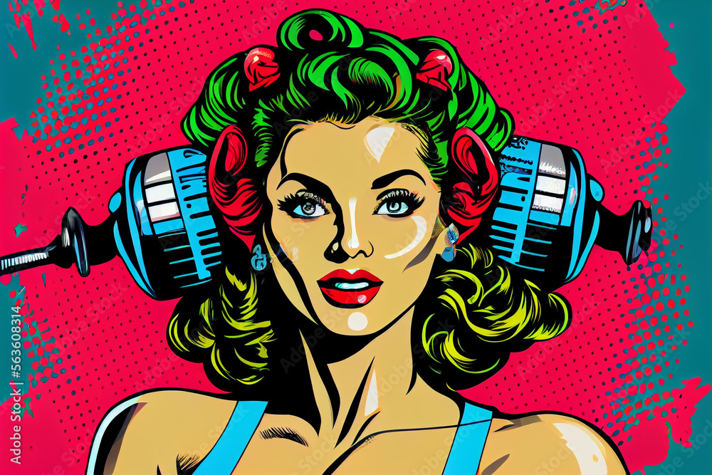 Sexy Pin Up Frau Mit Lockenwickler Bunter Hintergrund In Pop Art Retro Comic Stil Generative