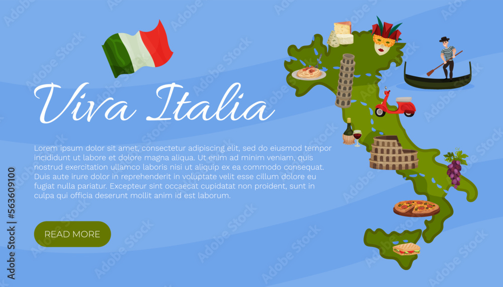 Travel to Italy Banner Design with Traditional Symbols Vector Template ...