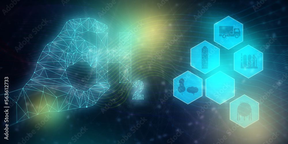 Concept of green hydrogen energy. Hand holding hydrogen chemical symbol ...