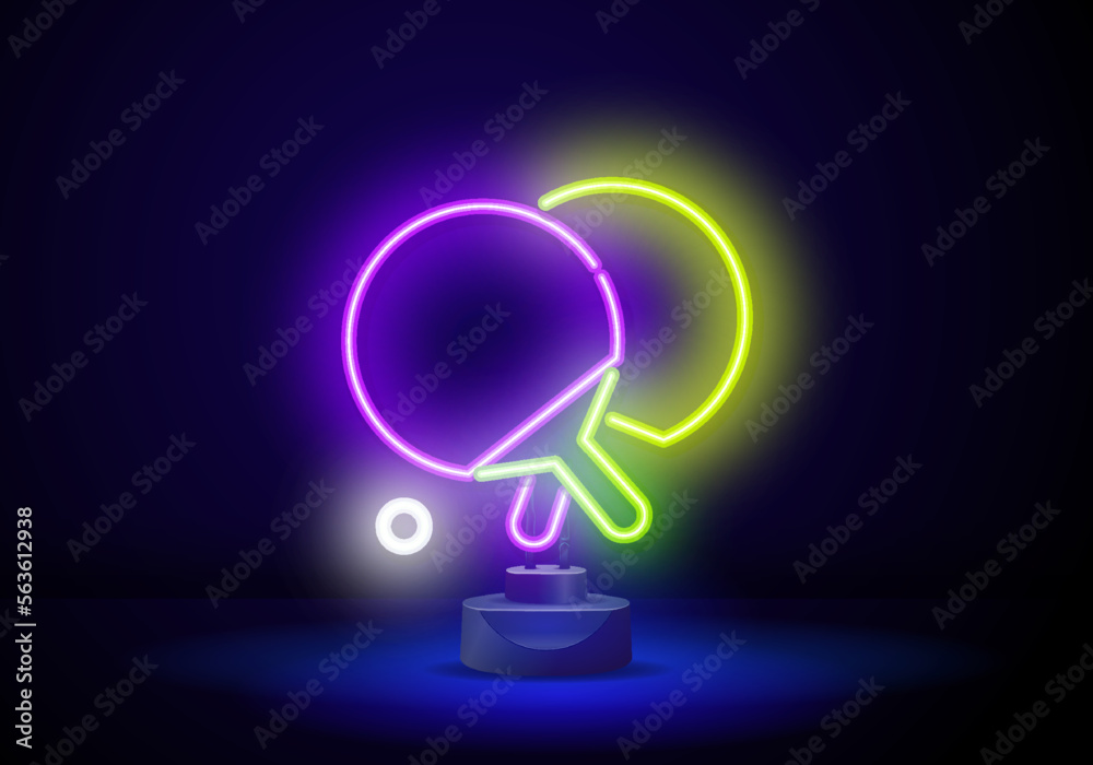Green and purple neon ping pong racket with a ball. A neon-lit table ...