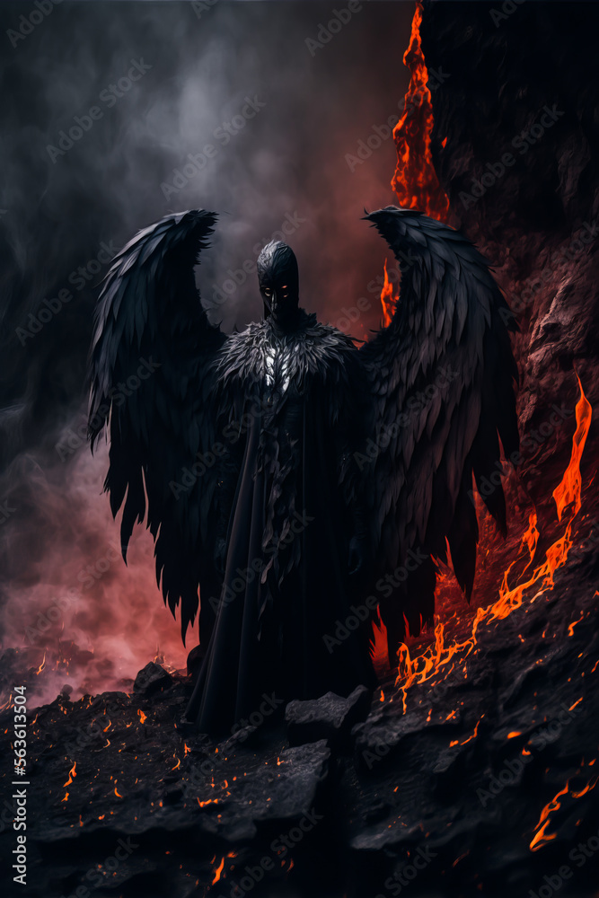 Fallen angel with black wings covered in red blood standing in the Hell ...