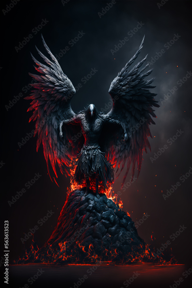 Fallen angel with black wings covered in red blood standing in the Hell ...