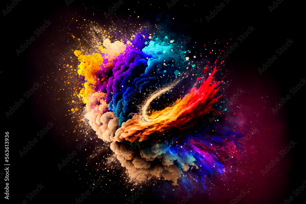 Abstract multi color paint explosion on black background. Paint clouds on black background ...