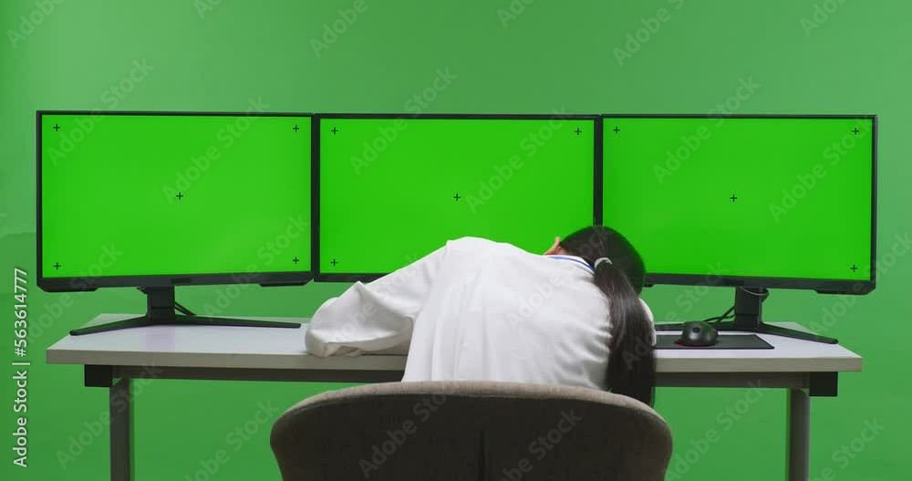 Back View Of Tired Asian Woman Sleeping While Working With Mock Up ...