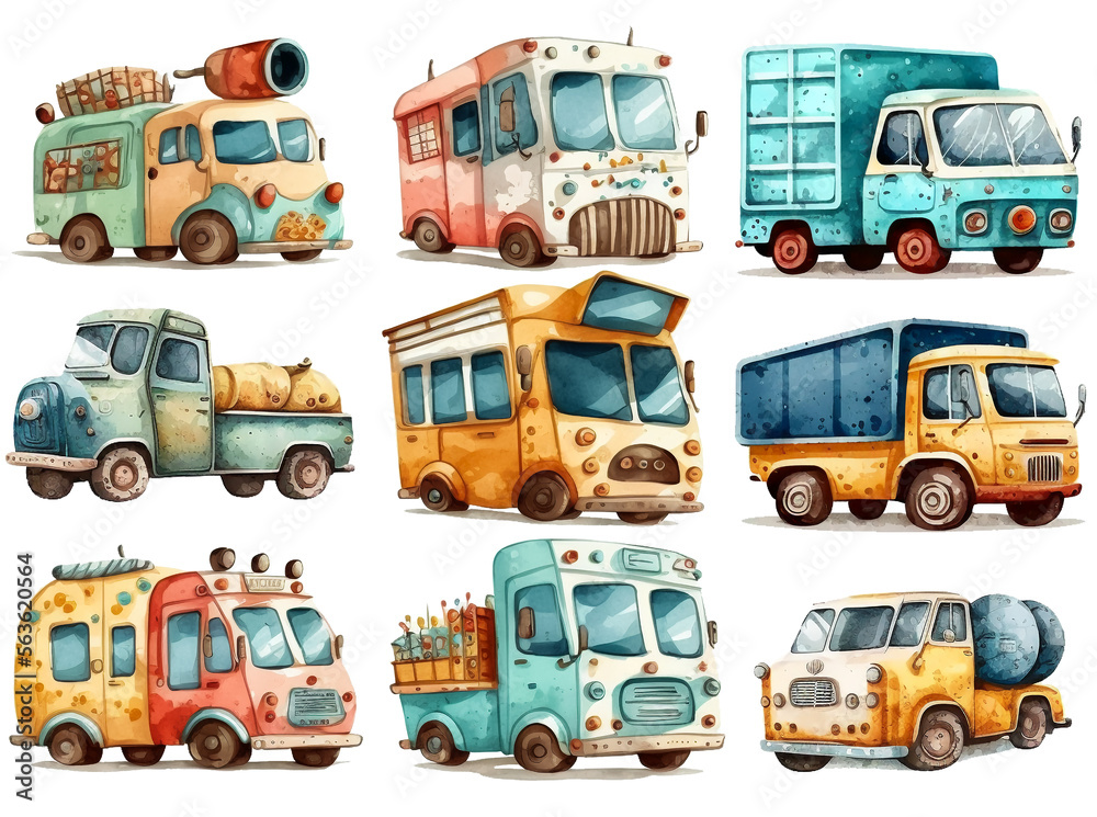 Set of cartoon vintage retro cars, isolated on white. Trucks, buses ...