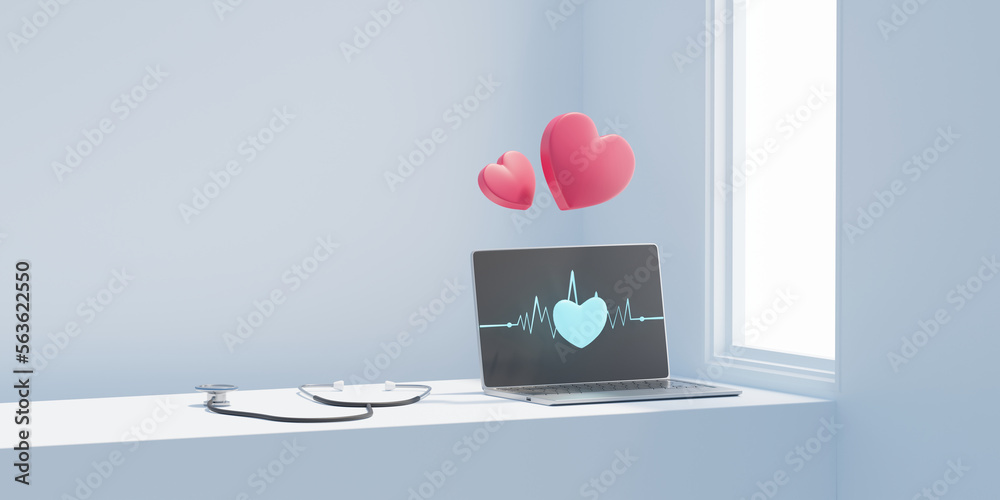 Heart rate symbol on laptop monitor medical concept with stethoscope 3d ...