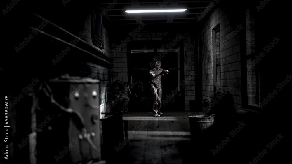 Zombie walks down the corridor in a mental hospital - scary handheld ...