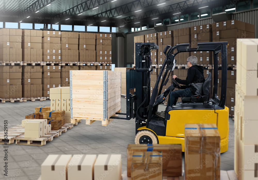 Man driving forklift. Loader manages warehouse equipment. Loading ...
