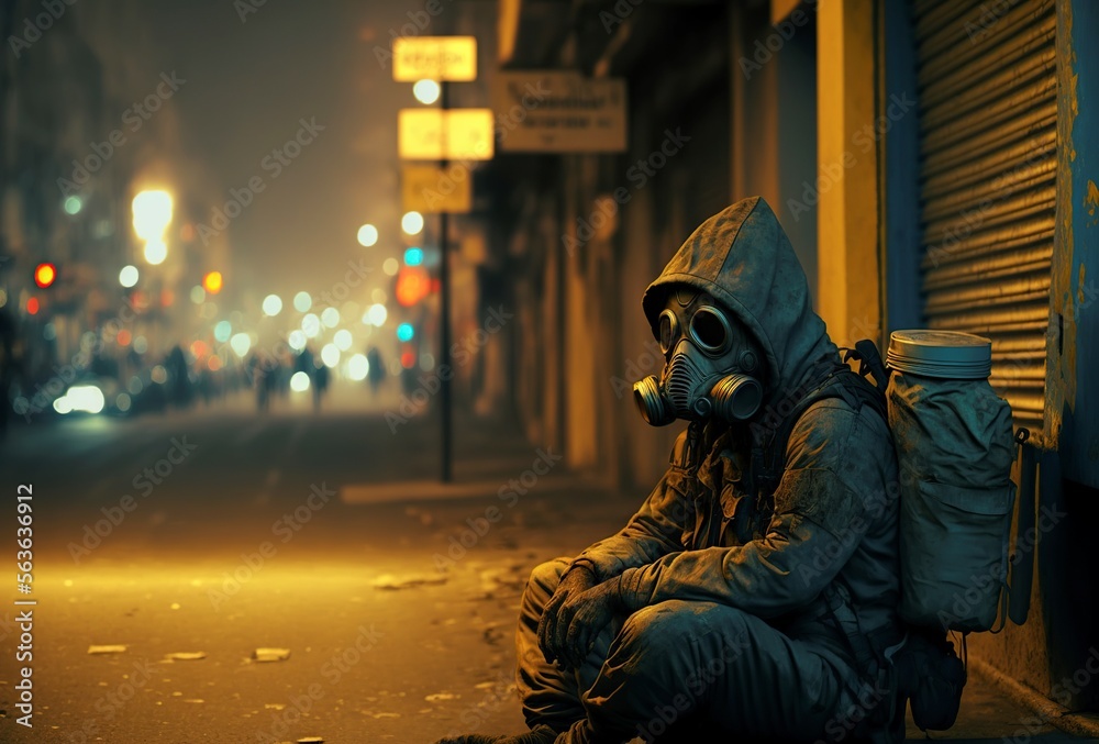 homeless illustration with a gas mask on the street, image by AI Stock ...