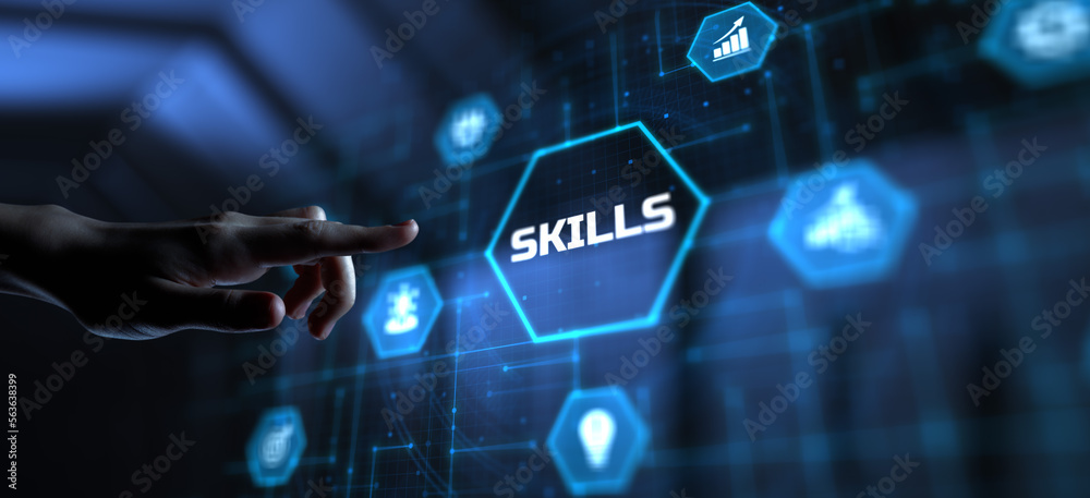 Skills Personal development concept. Hand pressing button on screen ...